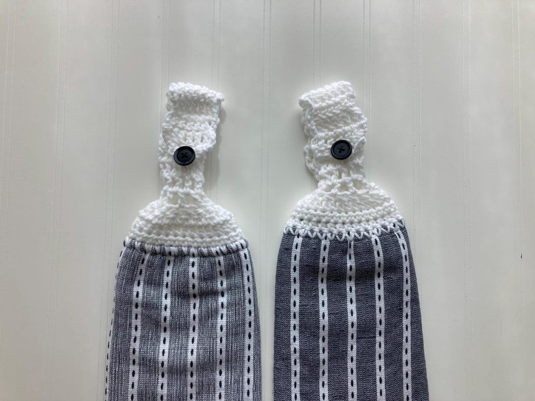 Set of Two Hanging Kitchen Towels, Crocheted Top Hanging Towel, Double ...