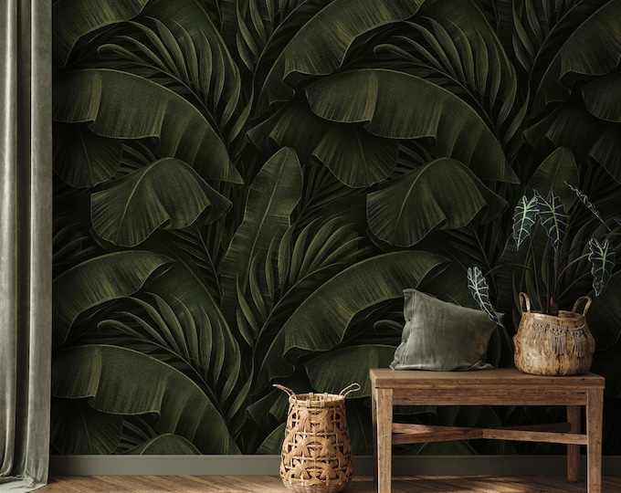 Dark Moody Green Leaf Peel and Stick Removable Wallpaper, Tropical ...