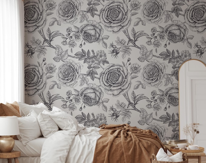Rose Wallpaper Bold, Line-drawn Roses Design Available in Black & White ...