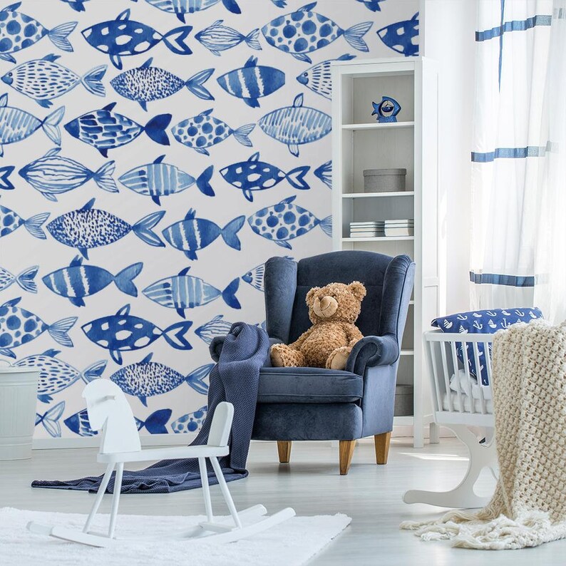 Watercolor Blue Fish Kids Wallpaper Self Adhesive Wallpaper - Etsy