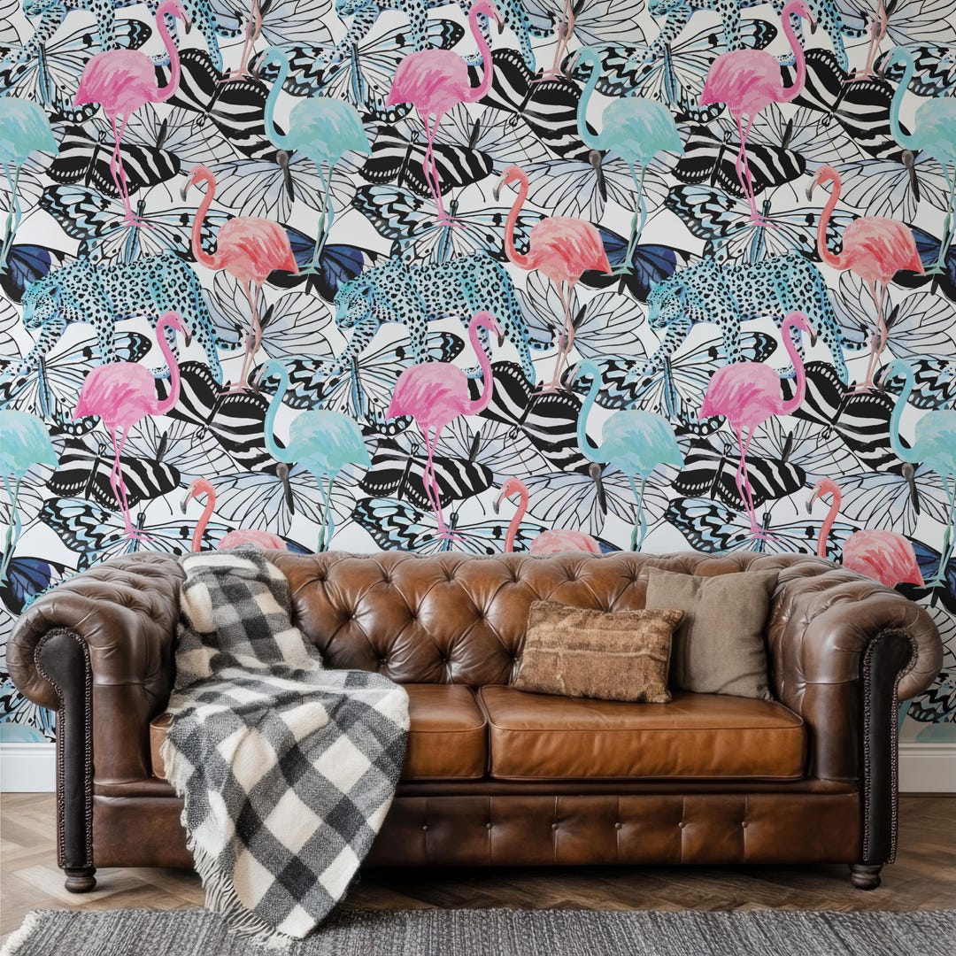 Wildlife Animals 70s Style Wallpaper, Removable Wallpaper, Pink ...