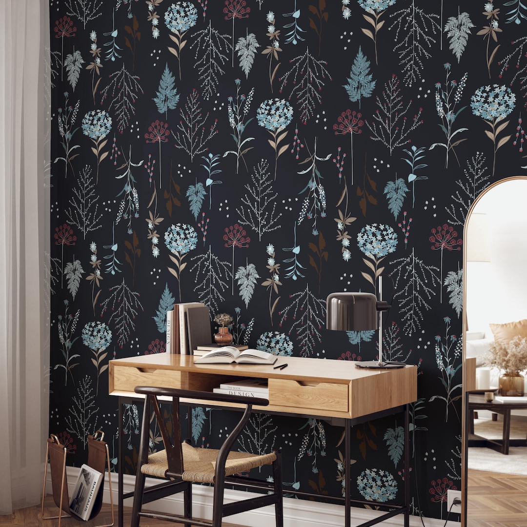 Dark Garden Blue Theme Wallpaper, Blue and Red Flowers and Twigs ...