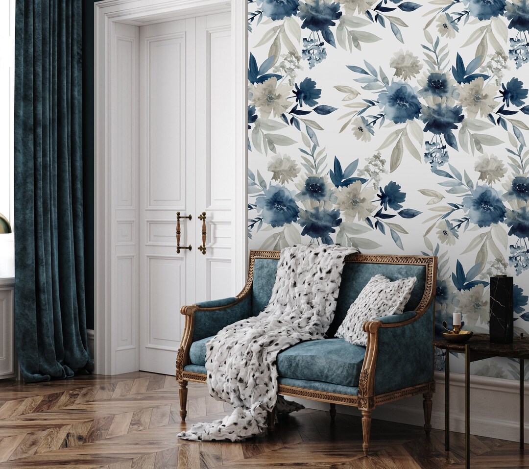 Watercolor Wallpaper Blue Flower, Removable Wallpaper, Peel and Stick ...