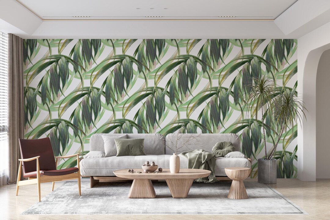 Large Leaves Wallpaper, Removable Wallpaper, Large Green Leaves ...