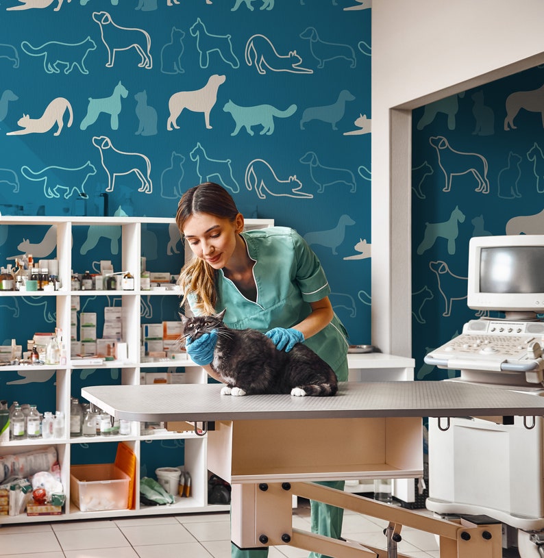 Cat and Dog Wallpaper, Cute Animal Wall Art, Vintage Wallpaper, Vet ...