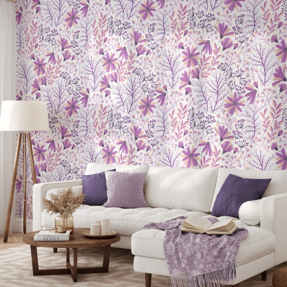 Soft Purple Flowers Wallpaper Floral Wall Art Purple Wallpaper Home Decor Vinyl Wallpaper Peel and Stick Removable Wallpaper 578 Etsy Canada