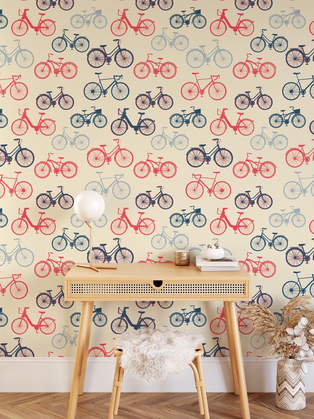Retro Colorful Bikes Wallpaper, Blue and Red Bikes, Vintage Wall Art ...