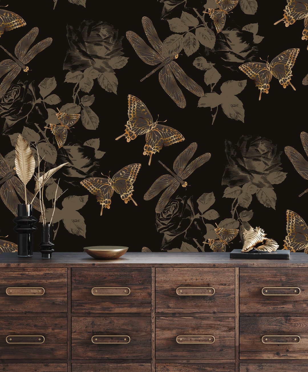 Gold Color Butterfly Wallpaper, Animal Wall Art, Butterflies, Dark ...