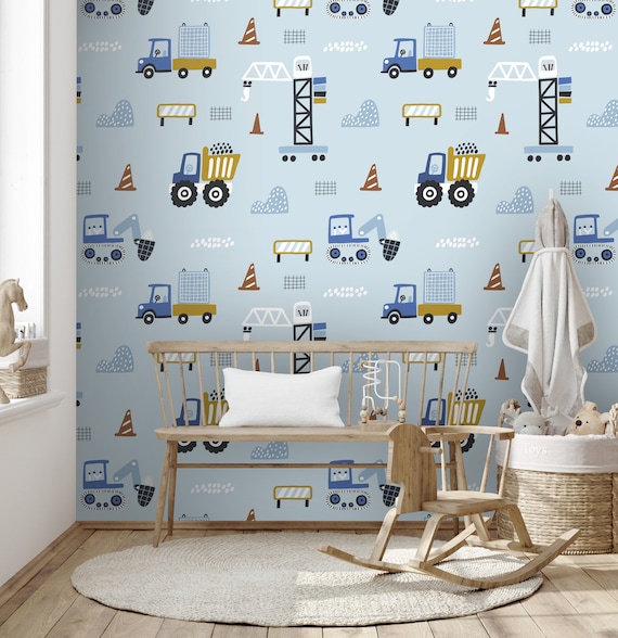 Fun Boys Room Wallpaper Blue Trucks Wall Art Child Room Wallpaper Blue Wallpaper Nursery Wallpaper Peel and Stick Wallpaper 1250 Etsy