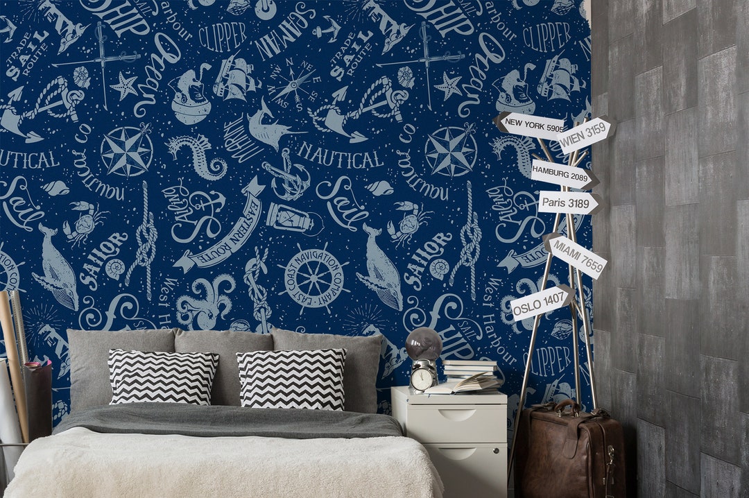 Navy Blue Nautical Theme Kids Wallpaper | Self Adhesive Wallpaper ...