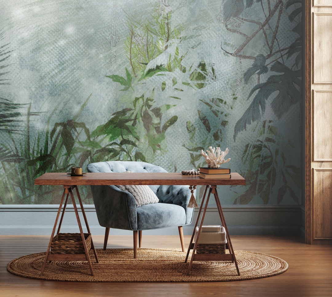 Jungle Wall Mural, Removable Wallpaper, Palm Tree Wallpaper, Dark Green ...