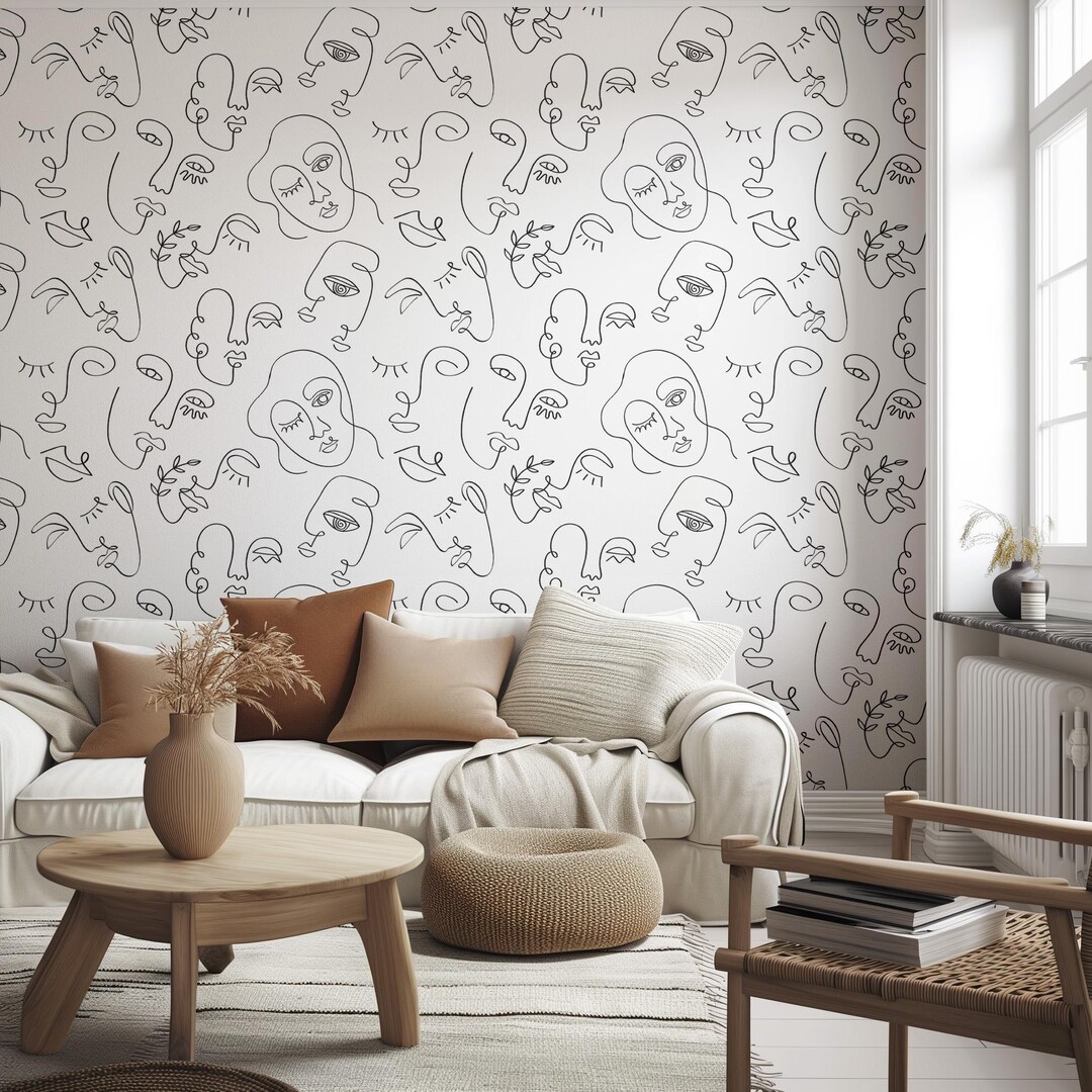 Hand Drawn Black and White Faces Wallpaper, Removable Vintage Style ...