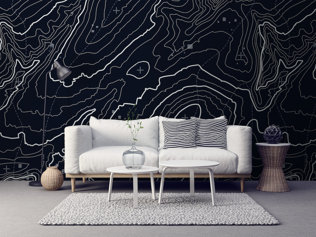 Dark Topographic Wallpaper, Dark Wall Mural, Elegant Wall Mural, Peel ...