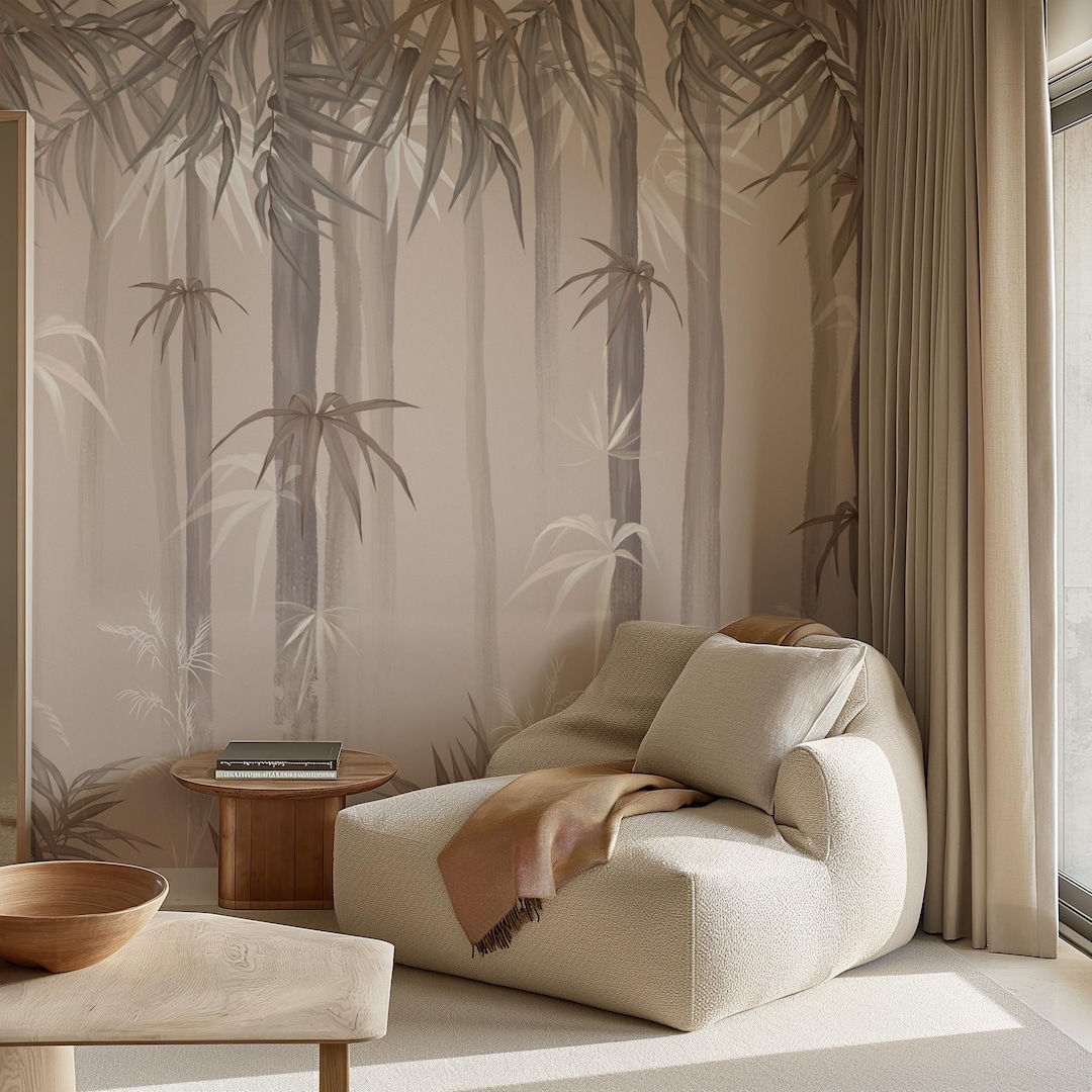 Tropical Beige Forest Wallpaper, Tropical Jungle Wall Mural Peel and ...