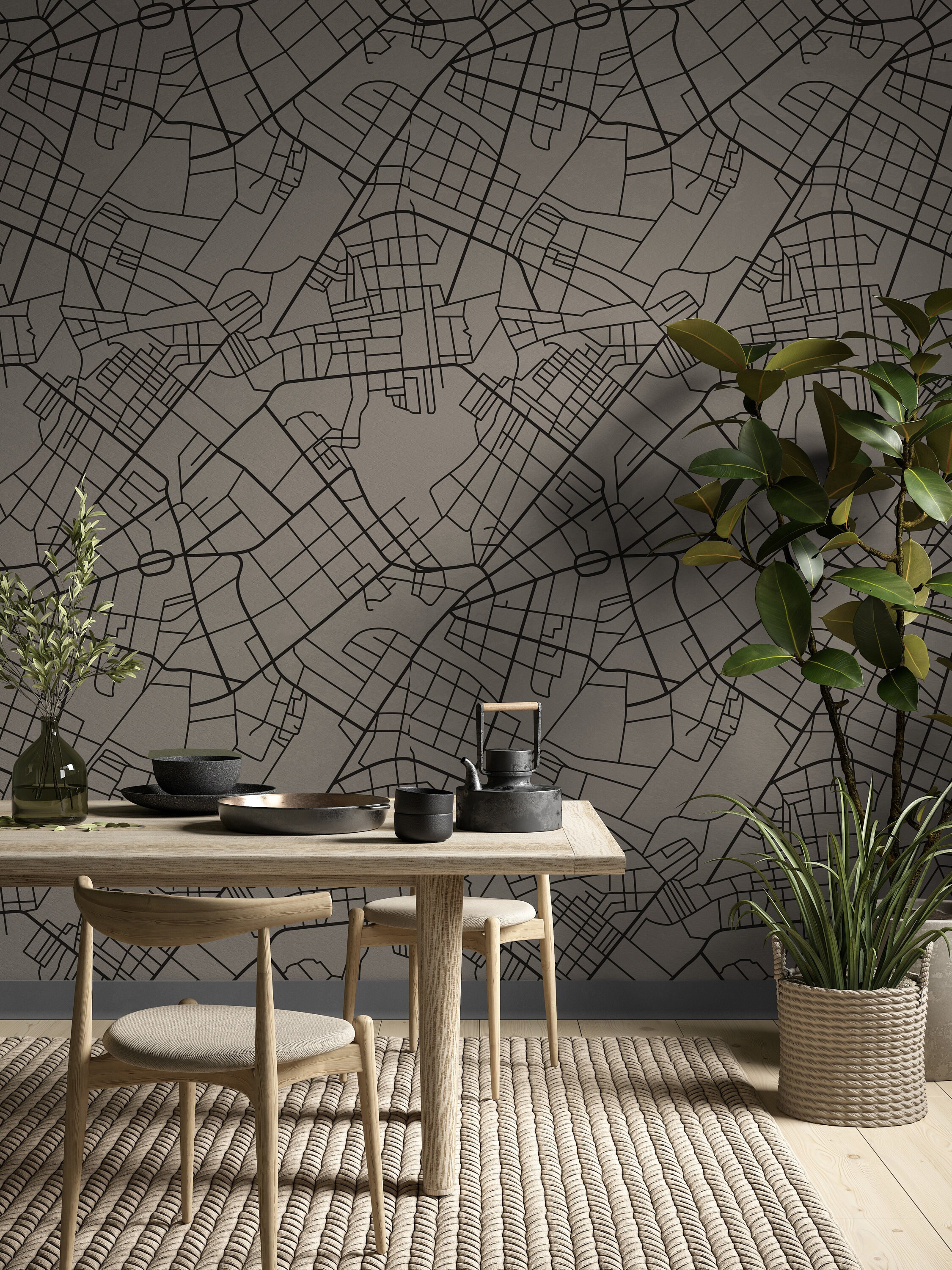 Beige Street Map Wallpaper, City Plan Wall Mural, Geographical Wall ...