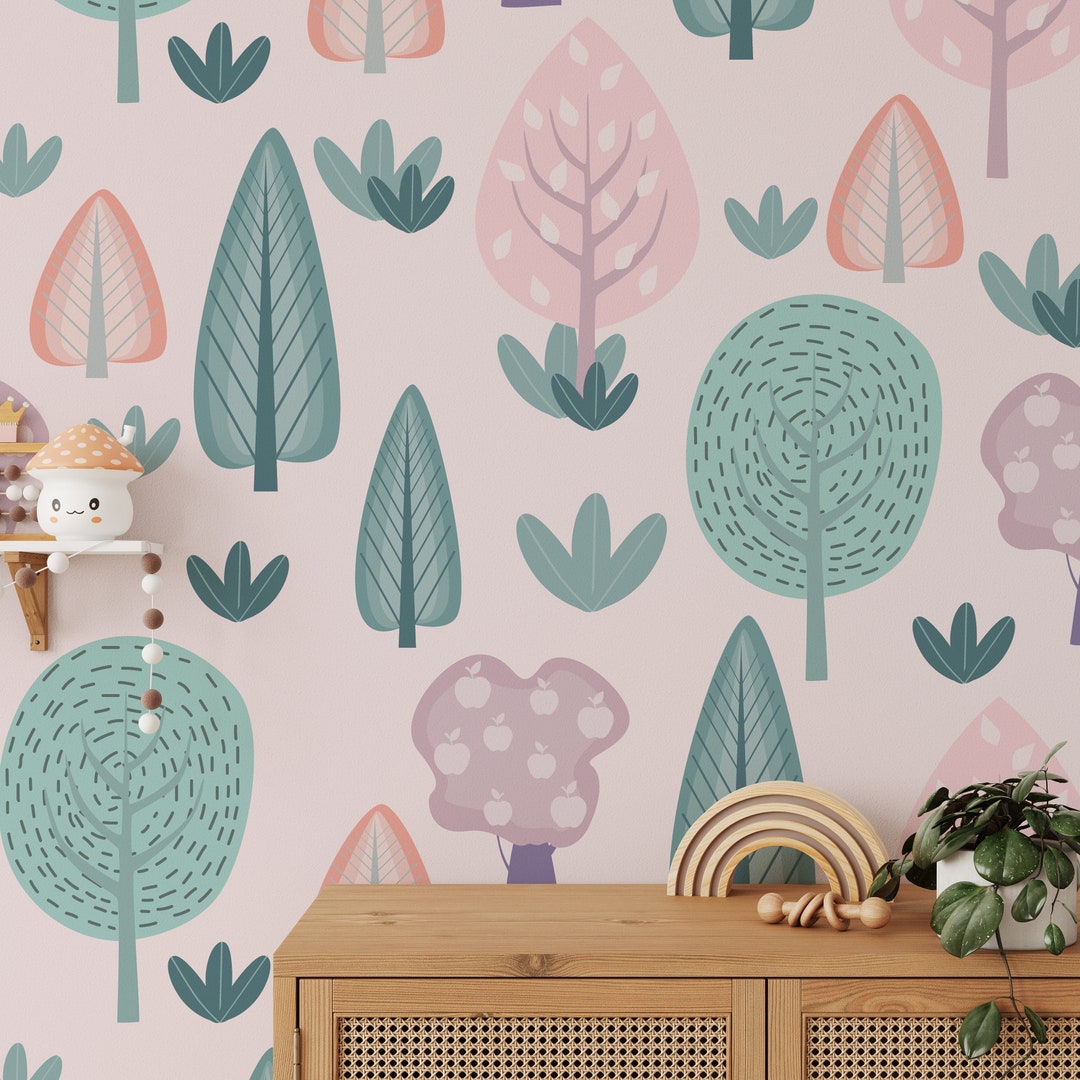 Pink Cute Tree Wall Art, Girls Room Wallpaper, Baby Room Decor, Baby ...