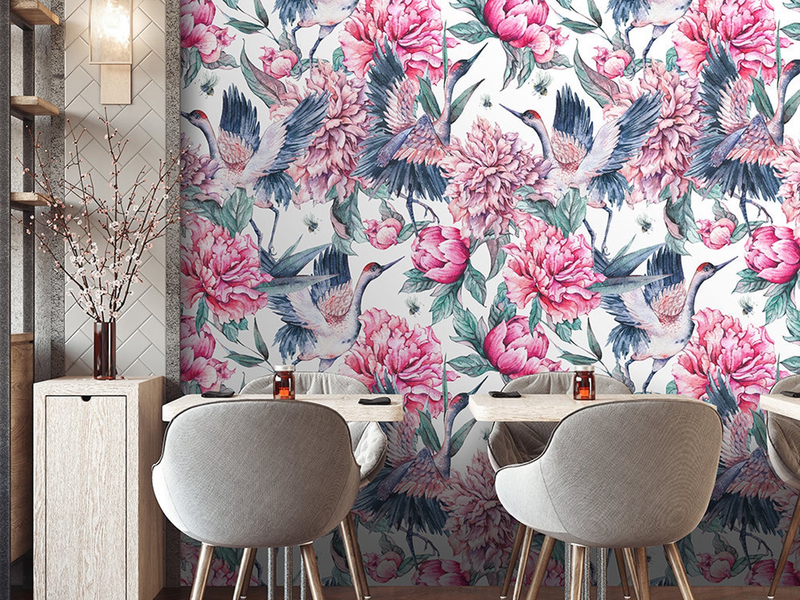 Pink Cranes Wallpaper | Self Adhesive Wallpaper, Removable Wallpaper ...