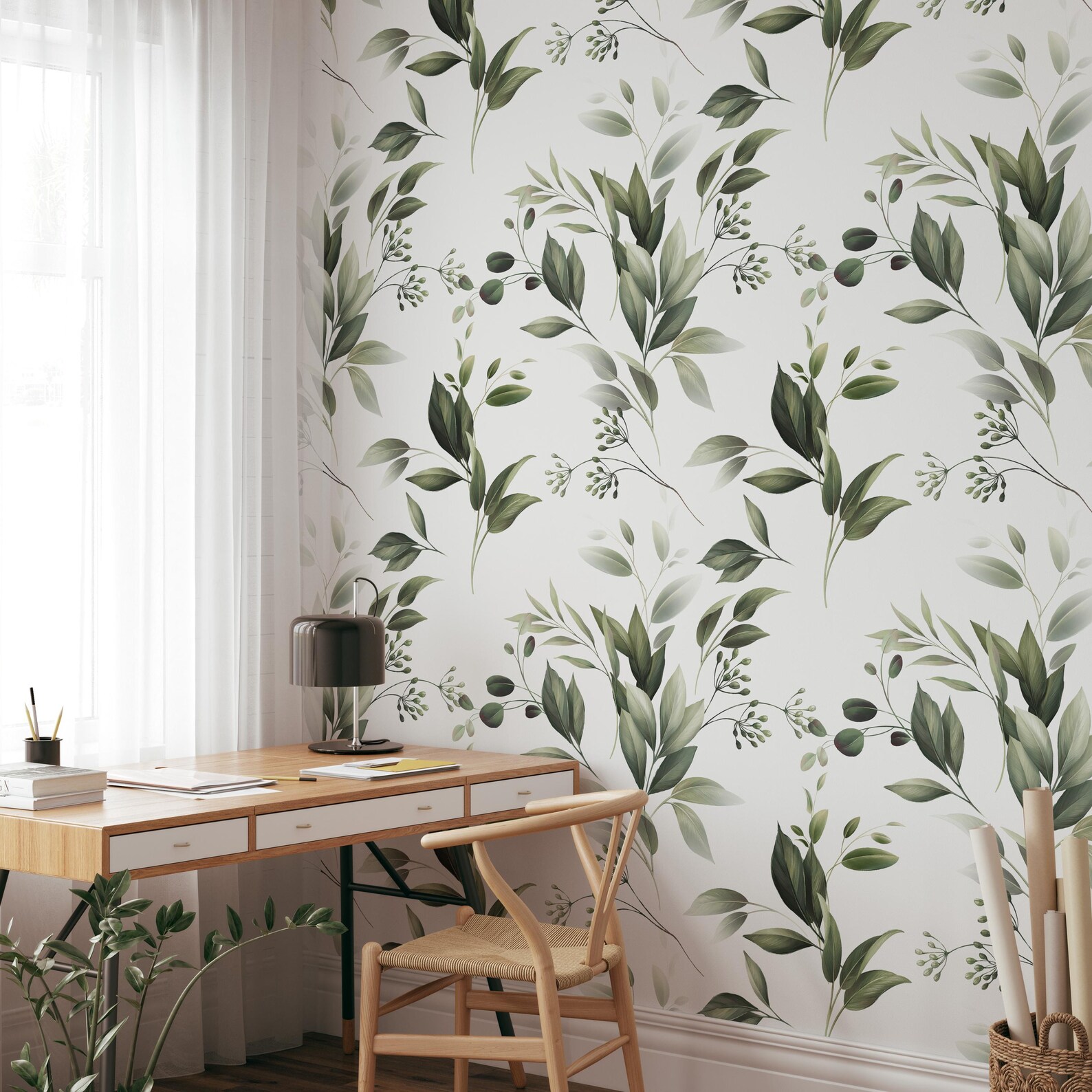 Green Twigs on White Background Wallpaper, Botanical Wallpaper, Vintage ...