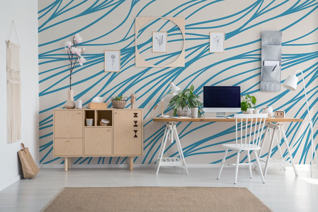 Blue and Beige Lines Wallpaper | Self Adhesive Wallpaper, Removable ...