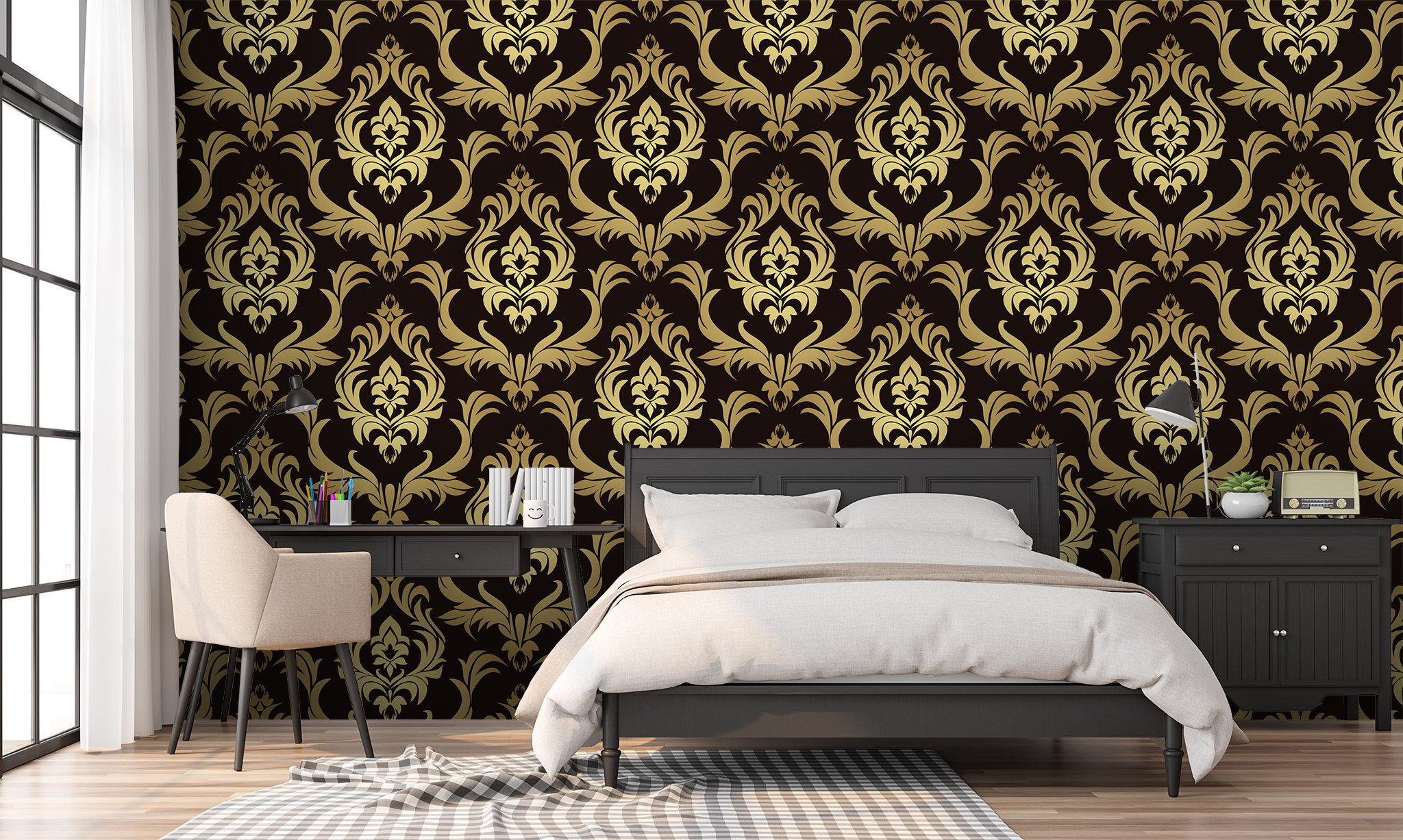 Black And Gold Damask Wallpaper