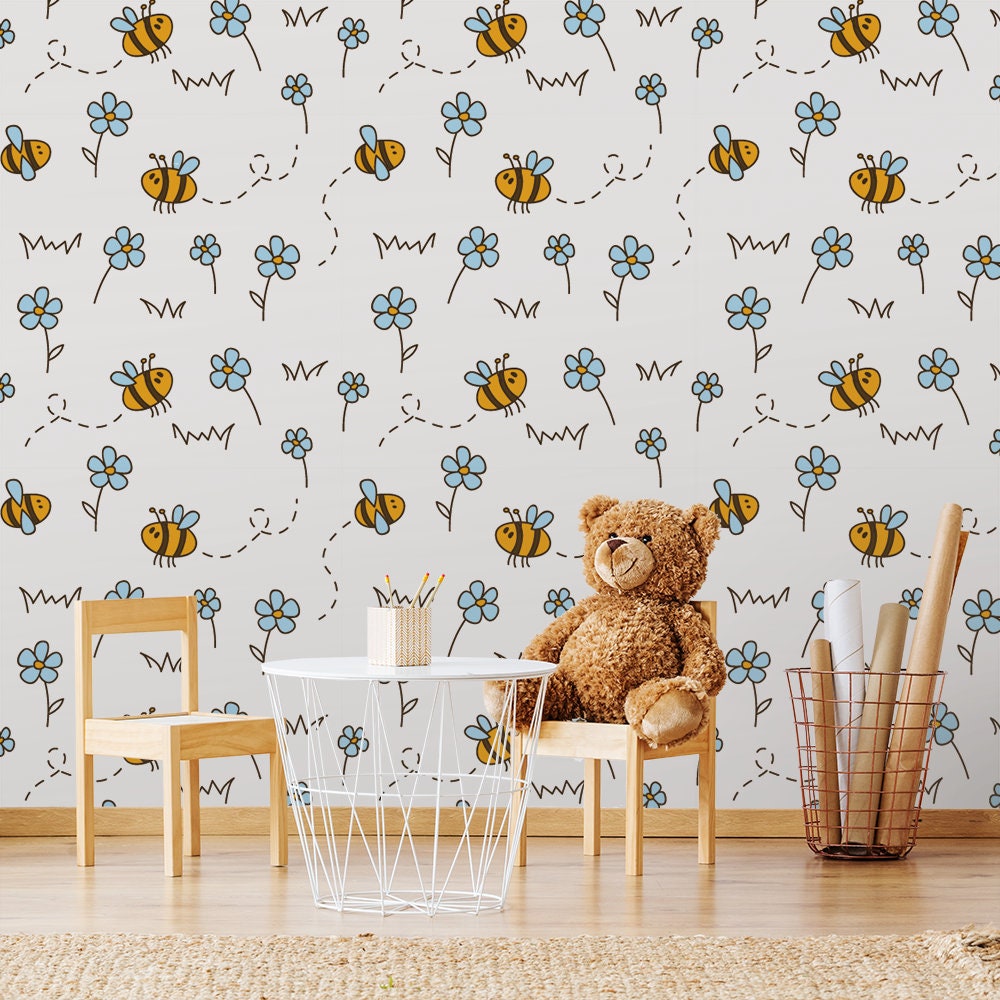 Cute Bees Wallpaper, Kids Room Wallpaper, Children Room Decor, Peel and ...