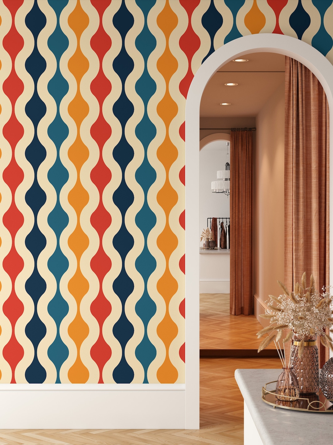 Retro 70s Wallpaper, Retro Shapes Wall Art, Colorful Wallpaper, Moody ...