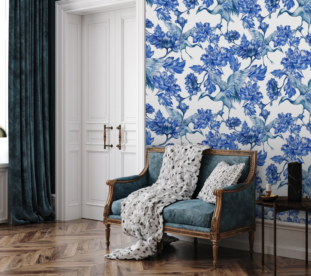 Blue Cranes Wallpaper, Large Birds Wallpaper, Watercolor Wallpaper ...