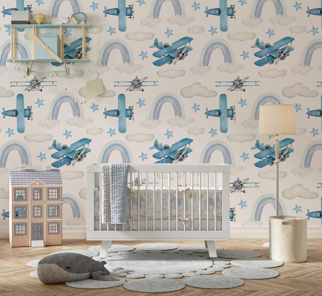 Airplane Wallpaper, Removable Wallpaper, Peel and Stick Wallpaper, Blue ...