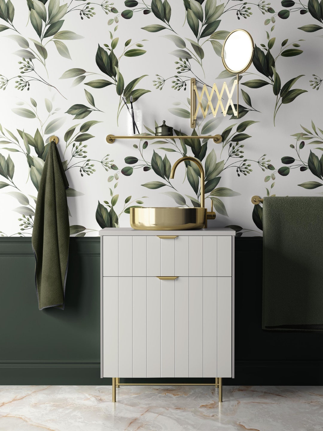 Green Twigs on White Background Wallpaper, Botanical Wallpaper, Vintage ...