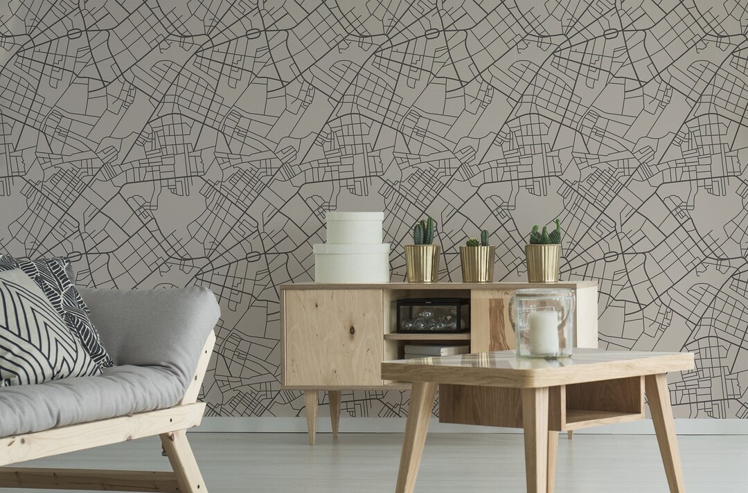 Beige Street Map Wallpaper, City Plan Wall Mural, Geographical Wall ...