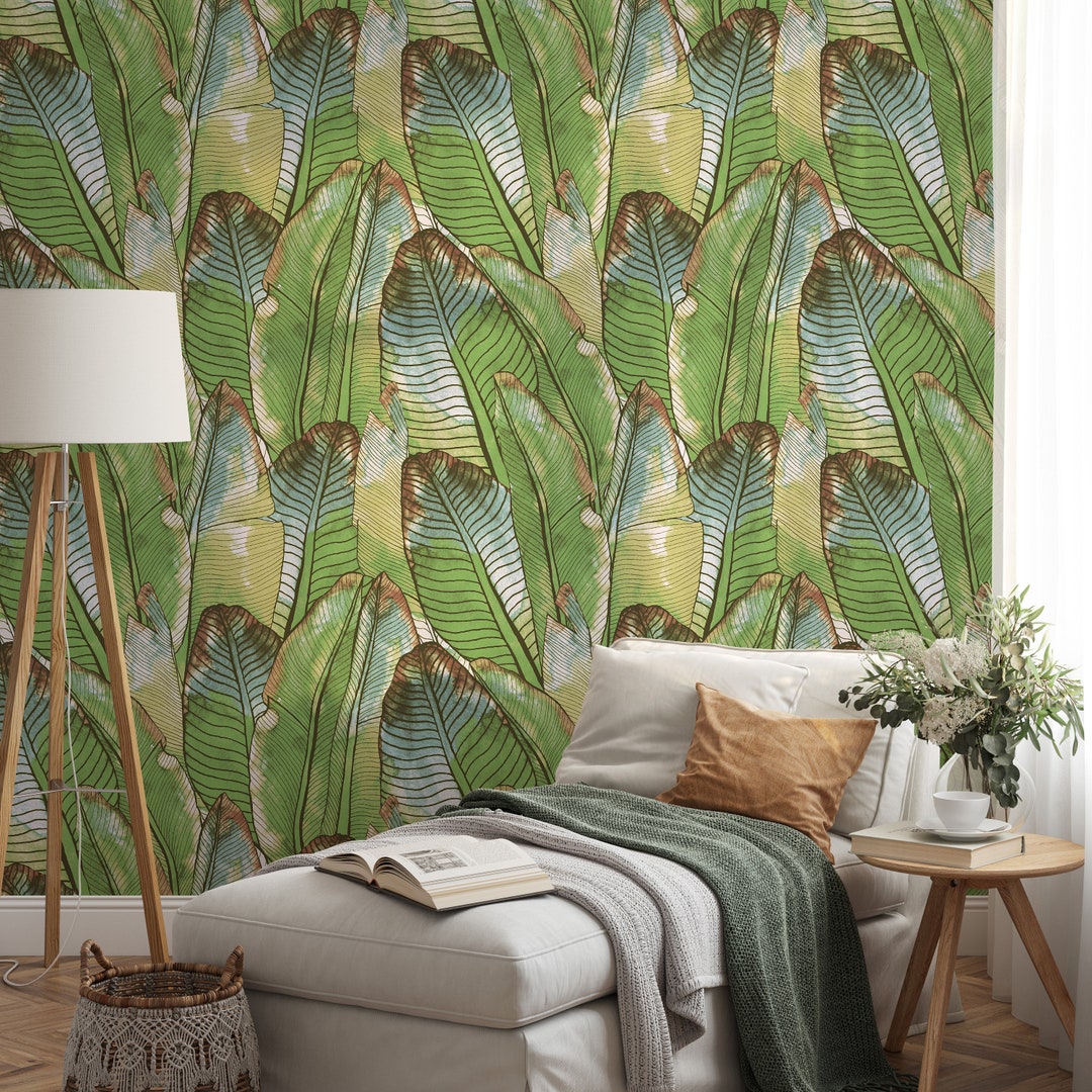 Large Leaves Watercolor Wallpaper, Self Adhesive Wallpaper, Green ...