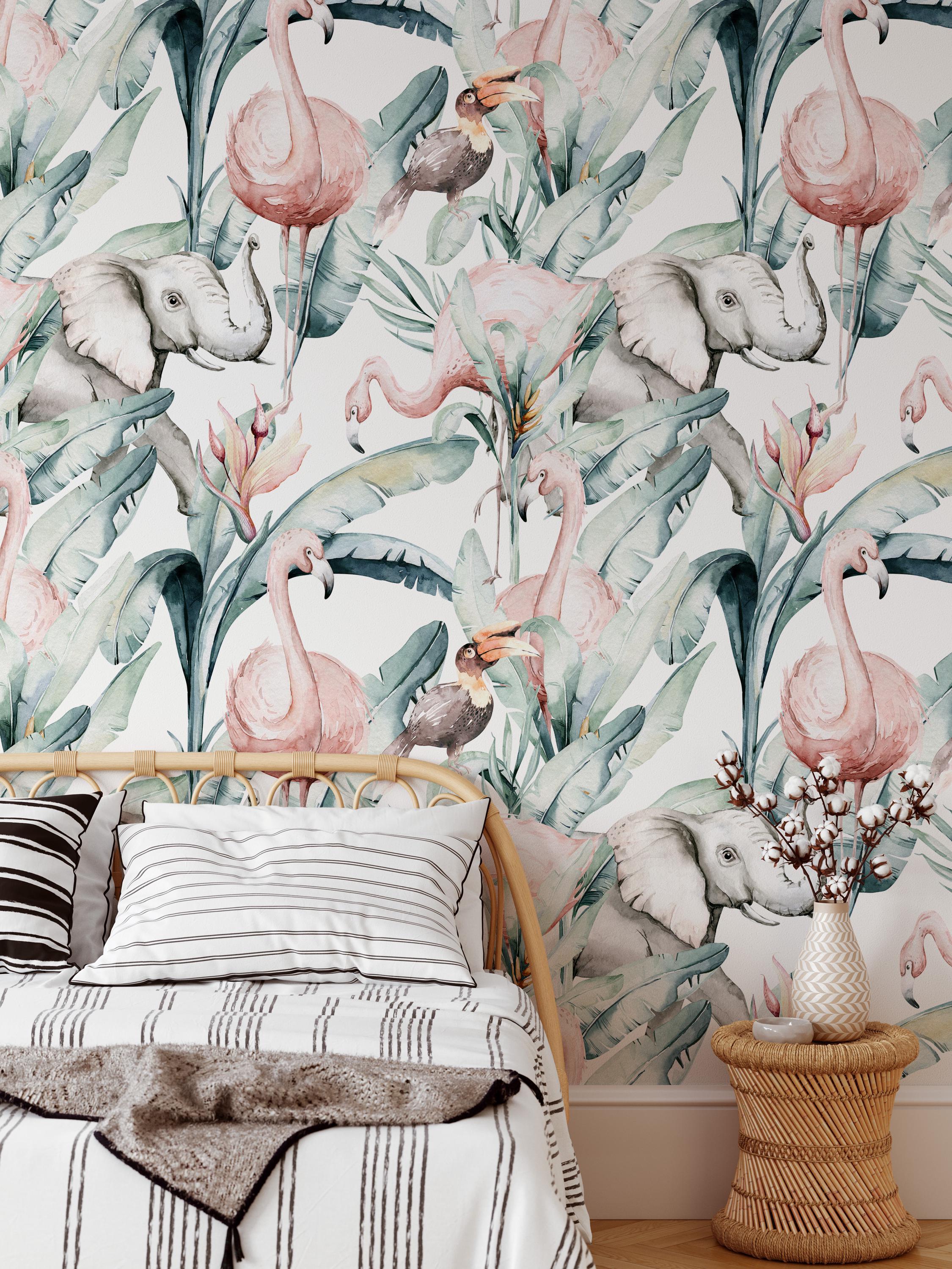 Watercolor Cute Animals, Flamingo Elephants and Large Leaves, Tropical ...