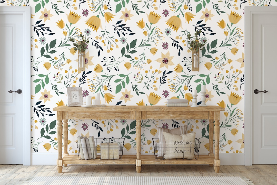 Floral Spring Wallpaper, Colorful Flowers, Green Leaves Kids Room Decor ...