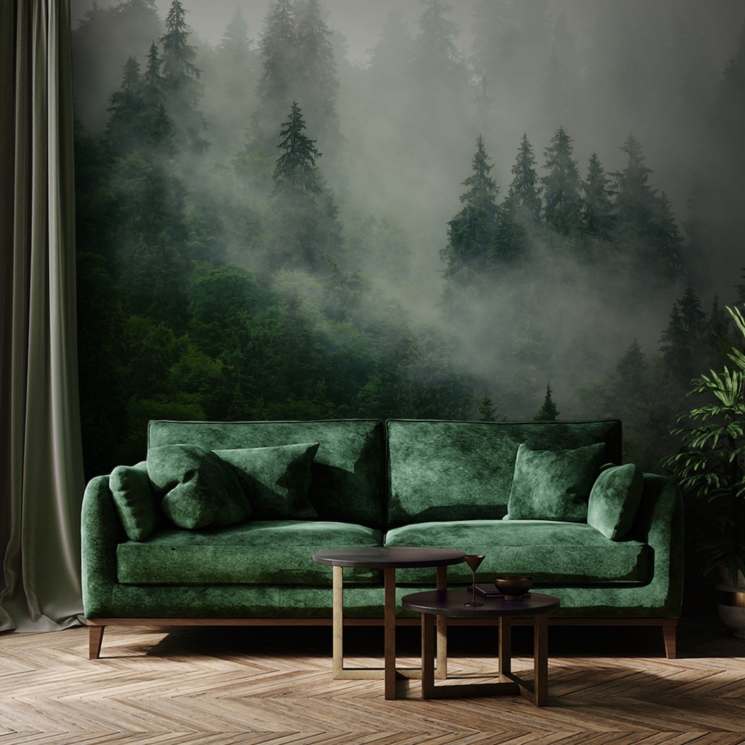Forest Wall Mural, Removable Wallpaper, Tree Wallpaper, Dark Green Wall ...
