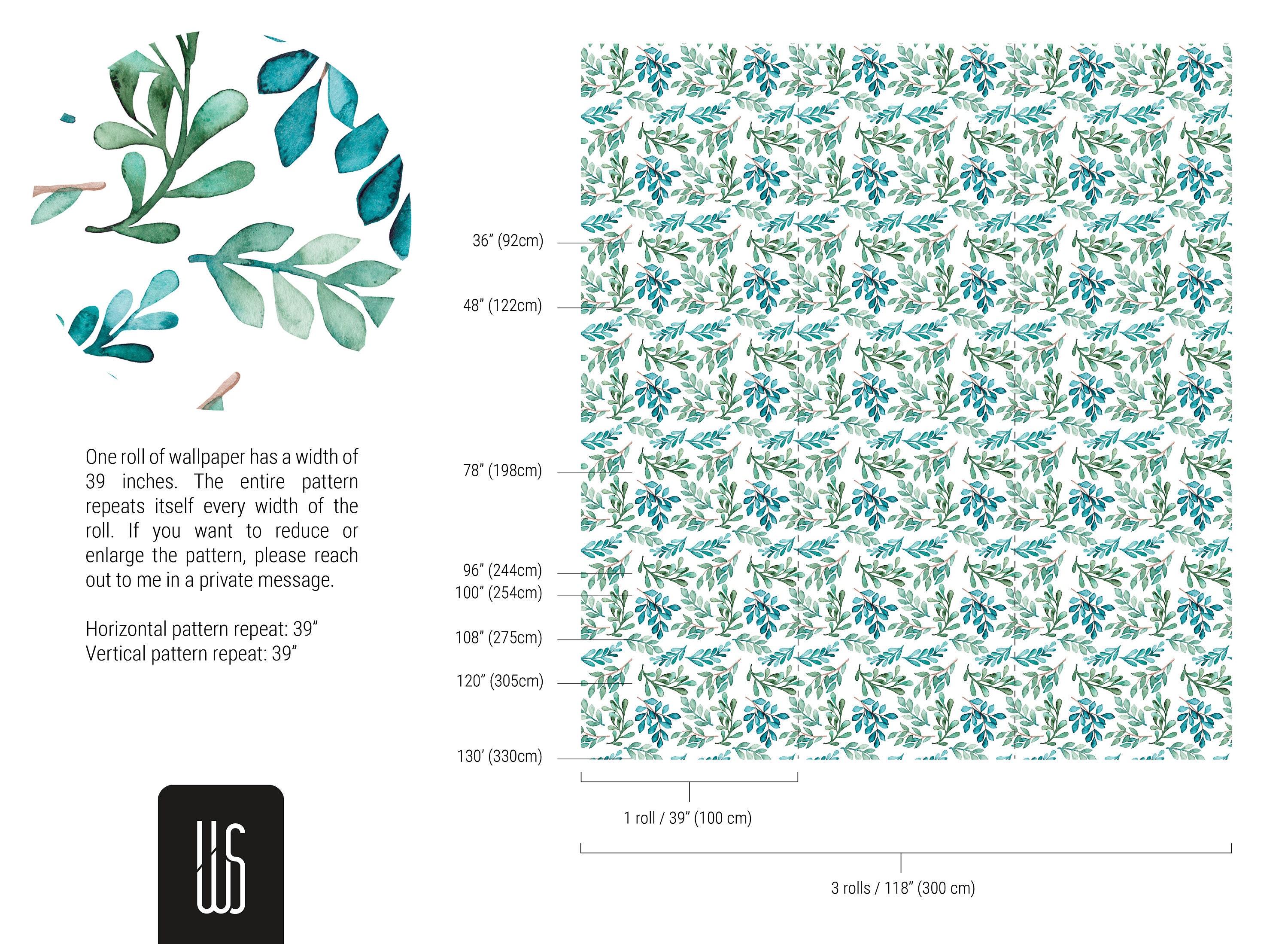 Green and Turqoise Twigs Wallpaper, Botanical Wallpaper, Watercolor ...