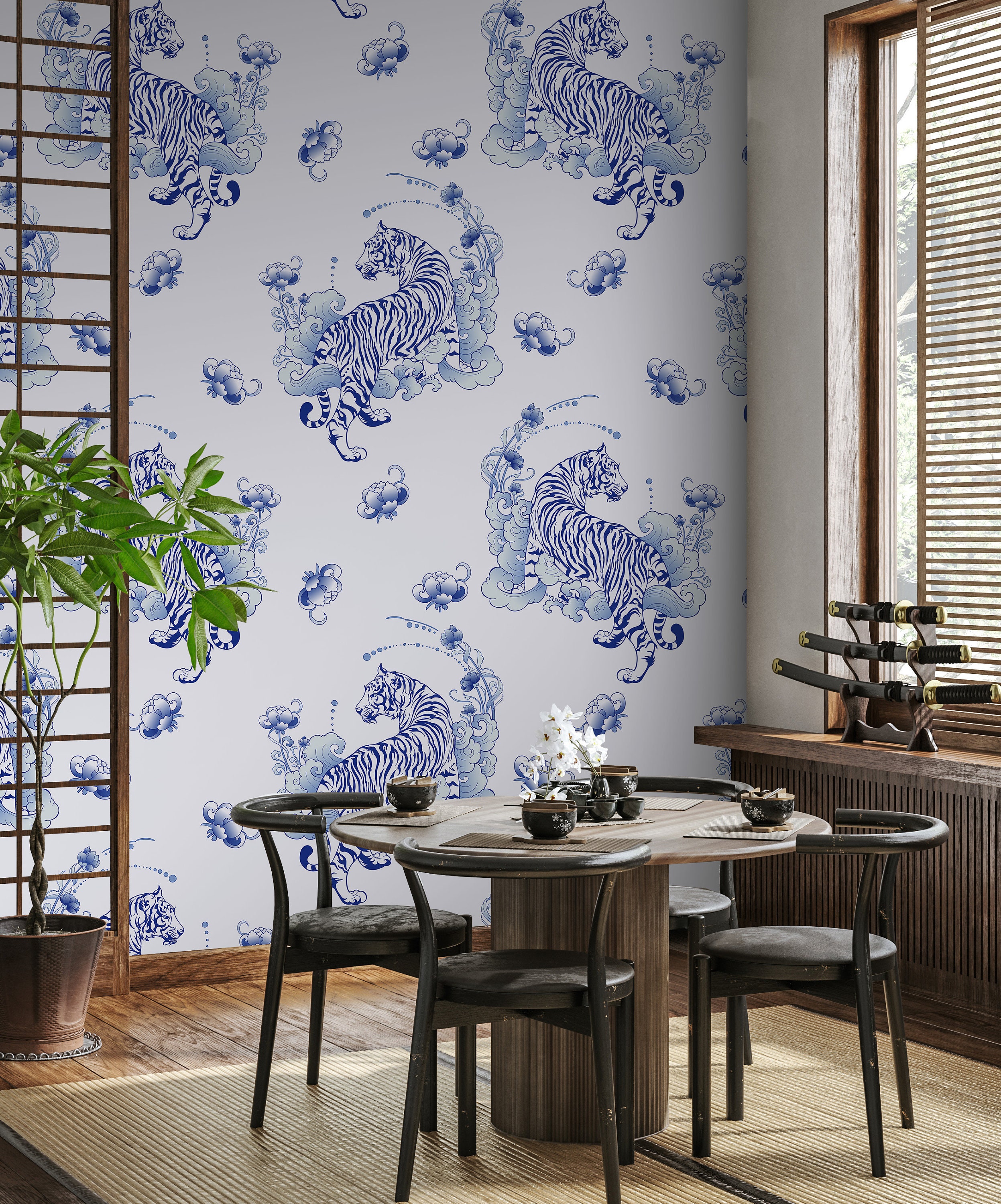 Blue Tiger Wallpaper, Animal Pattern Wall Decor, Removable Wallpaper ...