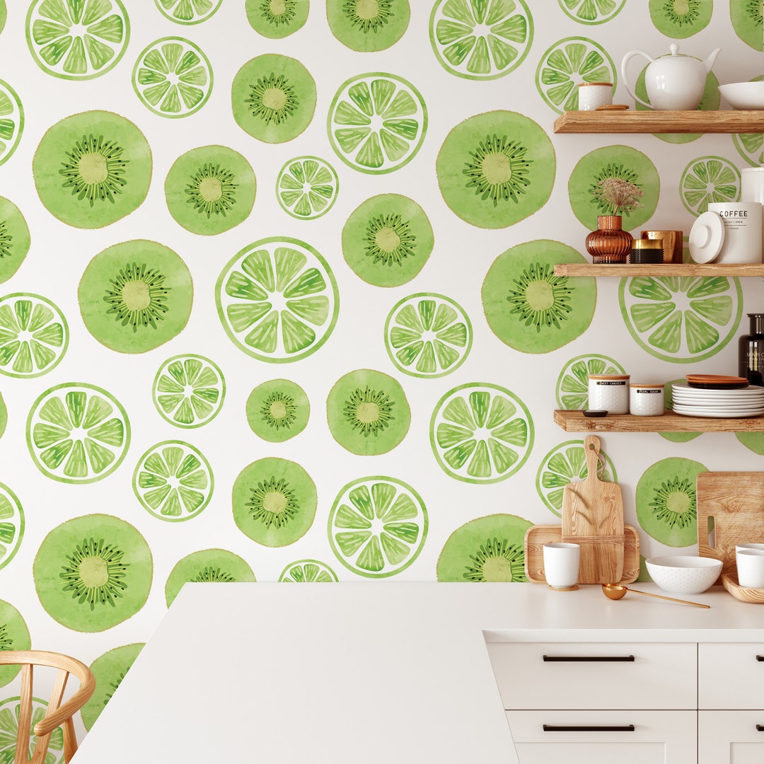 Green Fruits Wallpaper, Kitchen Wallpaper, Fruit Wall Art, Kiwi, Lemon ...