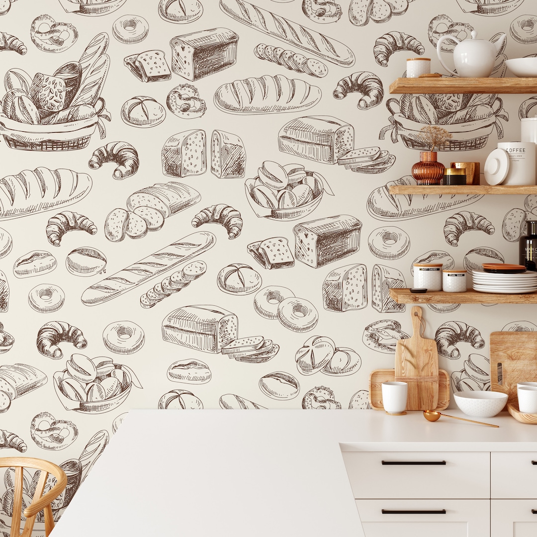 Bakery Pattern Wallpaper, Bread Wallpaper, Bakery Industrial Wall Decor ...