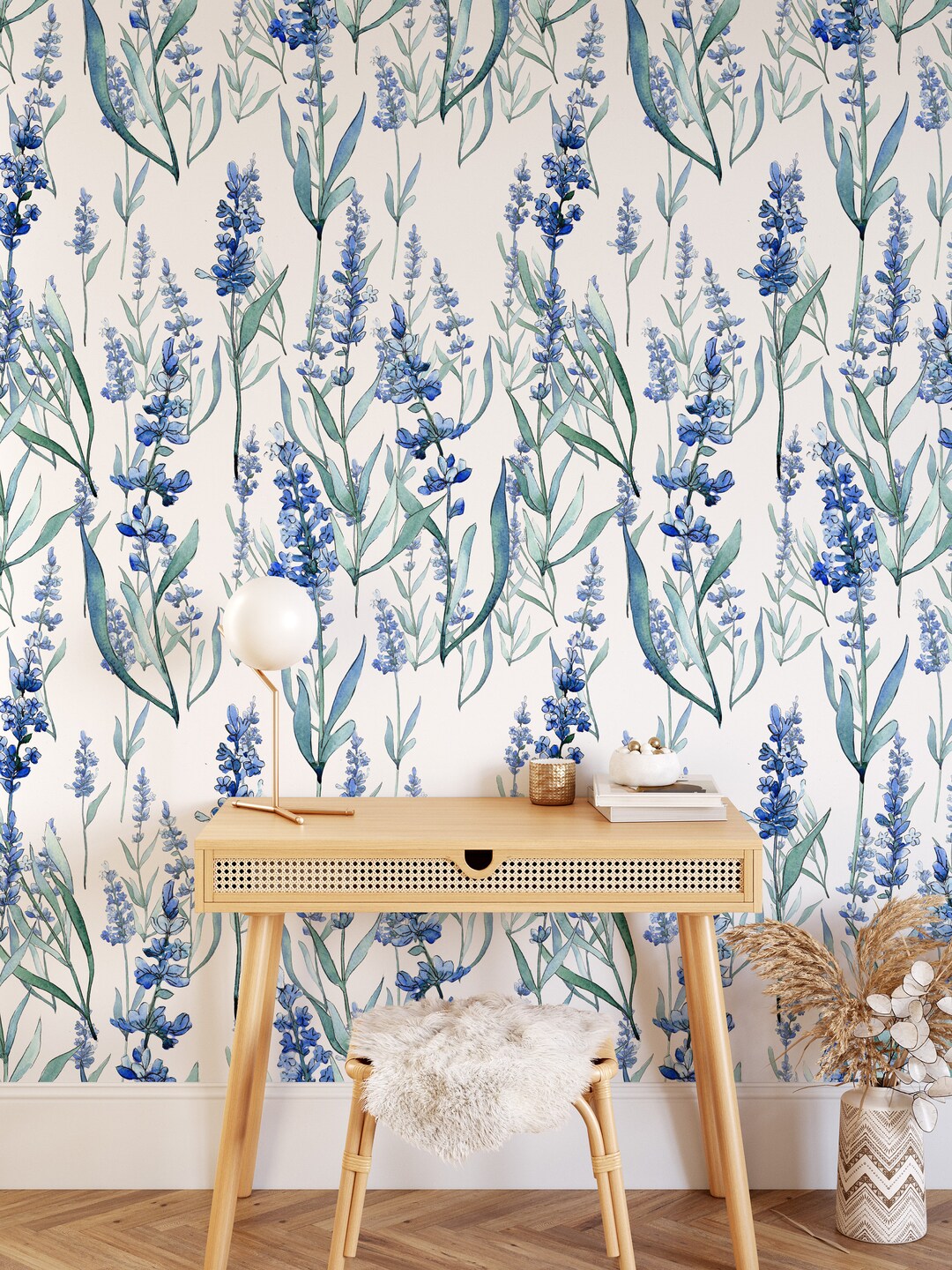 Blue Large Watercolor Flowers Wallpaper, Floral Wall Art, Pastel Color ...