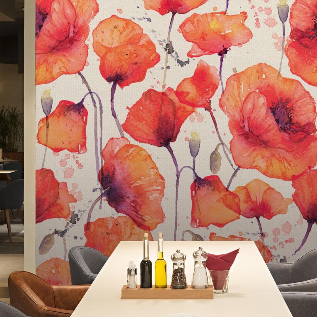 Wild Red Poppies Peel and Stick Wallpaper, Floral Removable Wallpaper ...