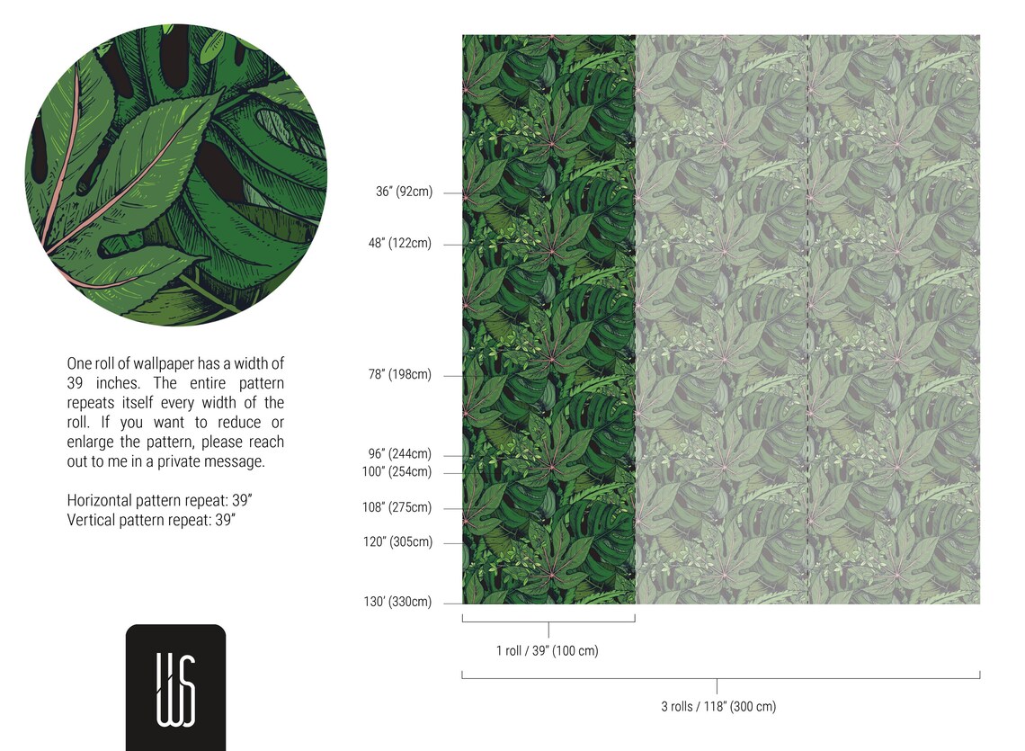 Green Large Leaves Wallpaper, Removable Peel and Stick or Traditional ...