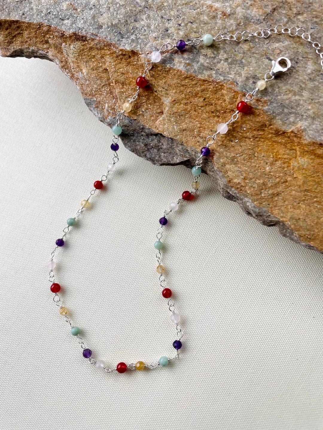 Rainbow Bead Necklace, Sterling Silver, Choker Necklace, Amazonite ...