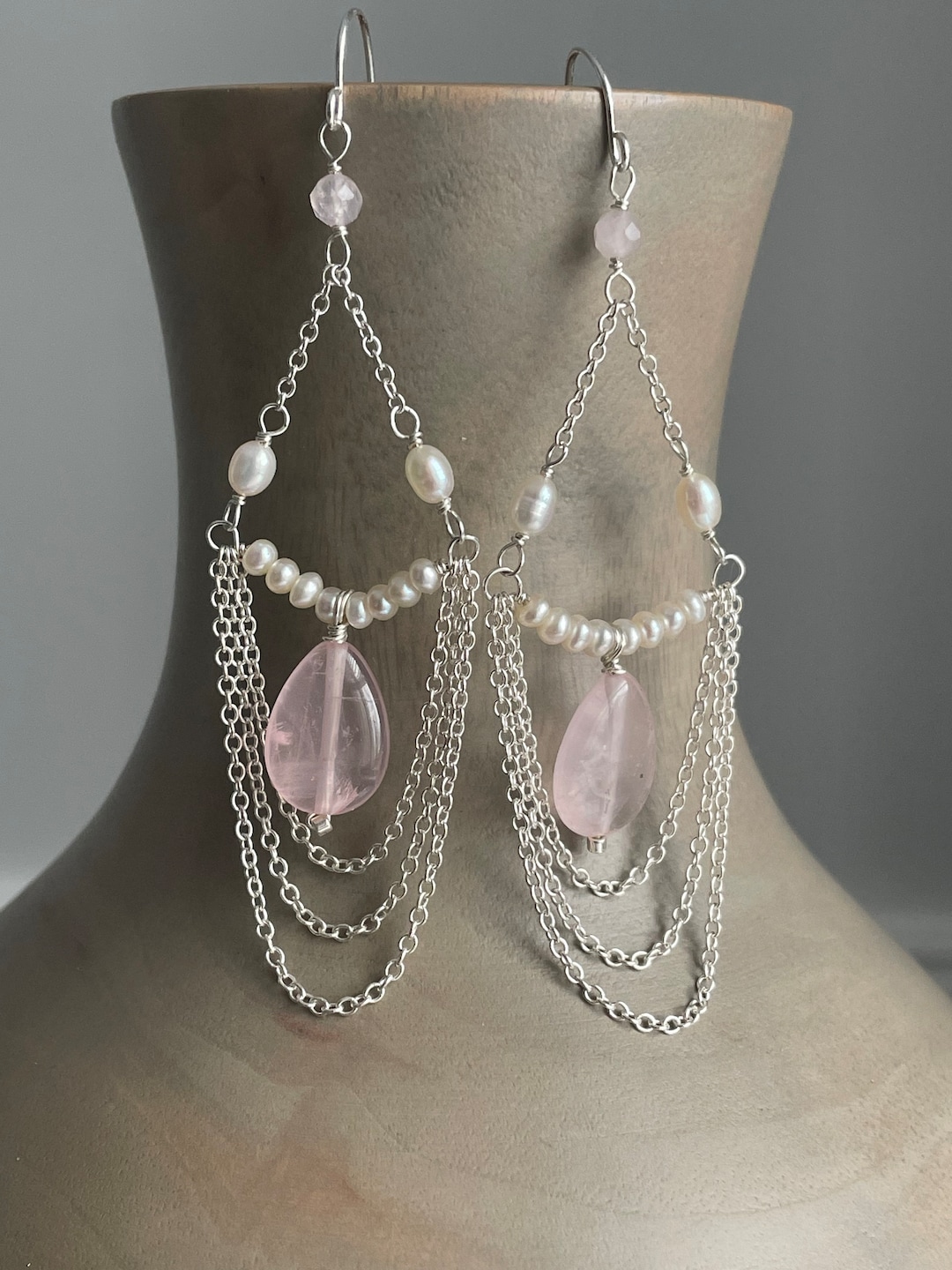 Rose Quartz Beaded Earrings, Freshwater Pearl Earrings, Beaded Earrings ...