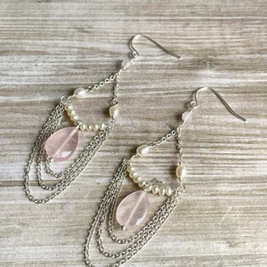 Rose Quartz Beaded Earrings, Freshwater Pearl Earrings, Beaded Earrings ...