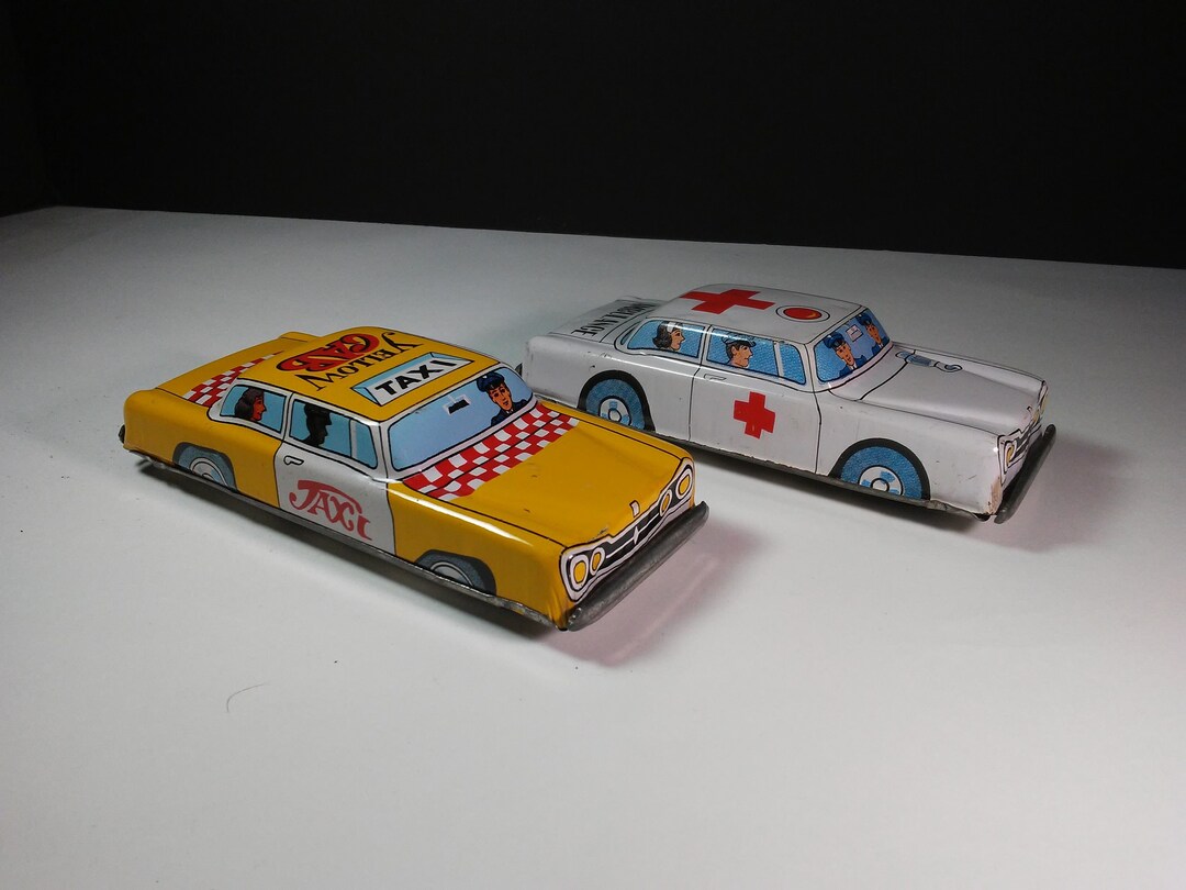 Tin Lithograph Toys, Yellow Taxi Cab and White Ambulance, Made in Japan ...
