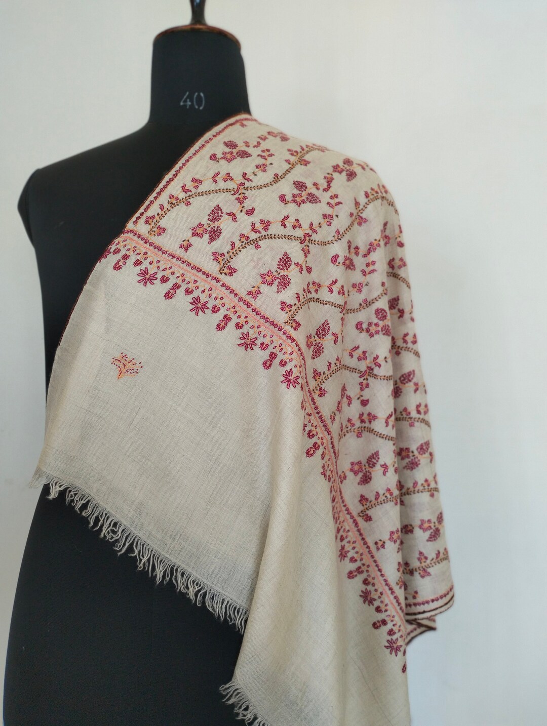 Handmade Needle Work Sozni Ivory White Embroidered Kashmiri Natural ...