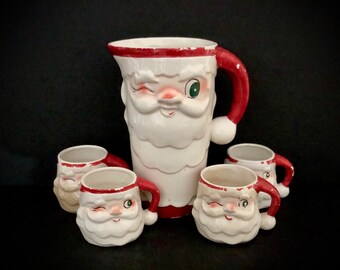 1961 Howard Holt Winking Santa Vintage Christmas Pitcher and 6 Mugs ...