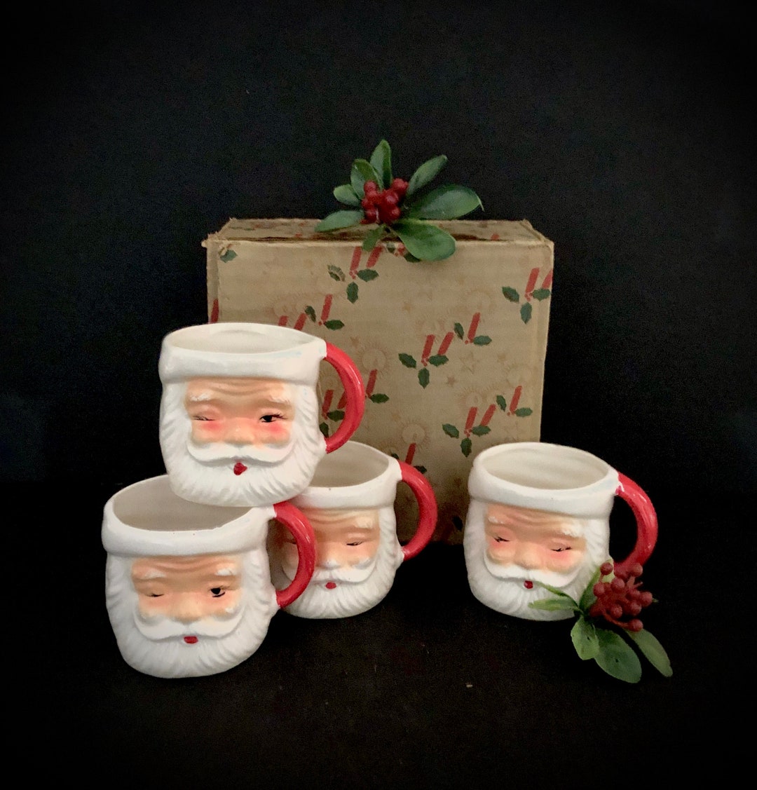 Vintage Christmas Winking Santa Mug Set in Original Box Candle Graphics ...