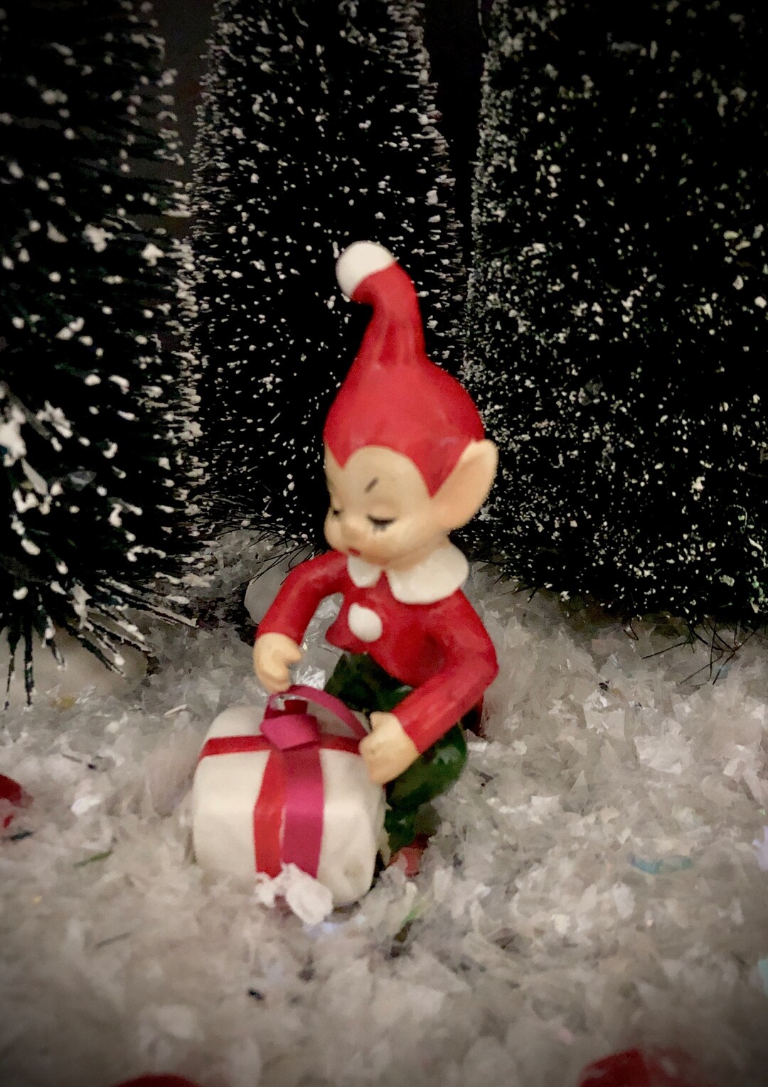 Josef Vintage Christmas Elf Pixie Wrapping Present in Santas Workshop ...