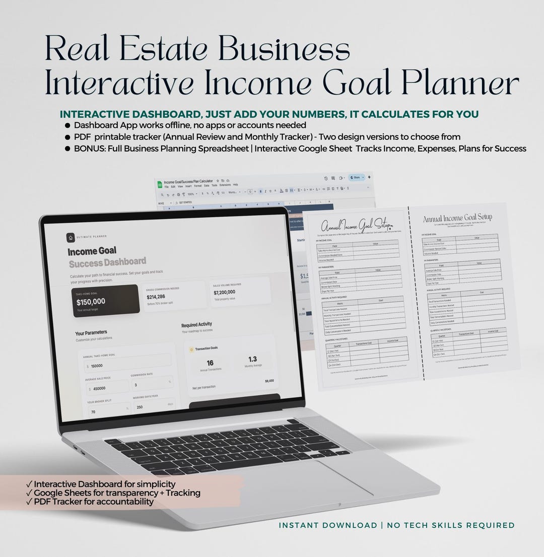 Income Goal Success Dashboard + Tracker | Real Estate Agent Planner ...